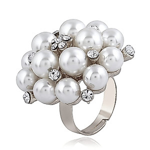 Dtja Big CZ Pearl Statement Wedding Ring for Women Girls Vintage CZ Crystal Faux Pearls Ball Flower Adjustable Open Band Wrap Birthday Cocktail Party Ring Comfort Fit Exaggerated Jewelry Gift