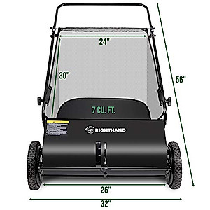 Right Hand 26-Inch Push Lawn Sweeper, Strong Rubber Wheels & Heavy Duty Durable Steel Structure Sweeps Leaf Grass & More, 7ft Mesh Collection Bag, 4 Spinning Brushes