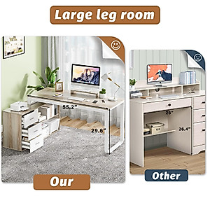 HOMBCK Home Office Computer Desk with 3 Drawers and Storage Shelves, 55 Inch Large L Shaped Desk with Drawers & Removable Monitor Stand, Reversible Corner Desk for Working, Studying, Walnut and White