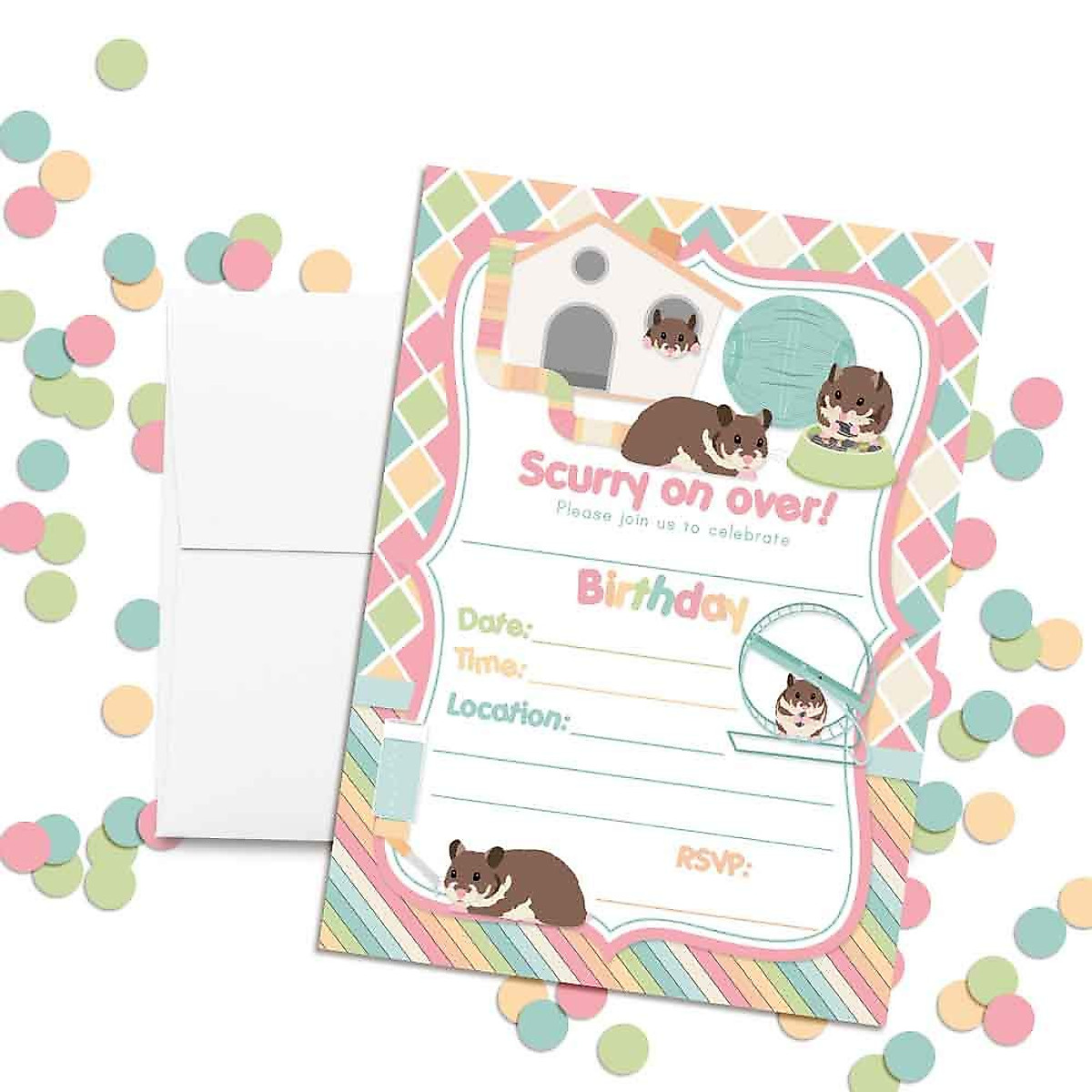 Pet Hamster Themed Birthday Party Invitations for Kids, 20 5x7 Fill In Cards with Twenty White Envelopes by AmandaCreation