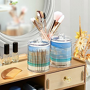 Kigai 2 Pack Qtip Dispenser Apothecary Jars Bathroom 14oz - Beautiful Beach Chairs Sun Umbrella Blue Sky Cloudy Qtip Holder Storage Canister Clear Plastic Acrylic Jar for Cotton Ball,Cotton Swab,Q-tip