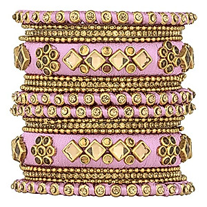 Aheli Ethnic Handmade Silk Thread Faux Stone Studded Bangle Set Chuda Indian Wedding Wear Fashion Jewelry for Women (Light Pink)
