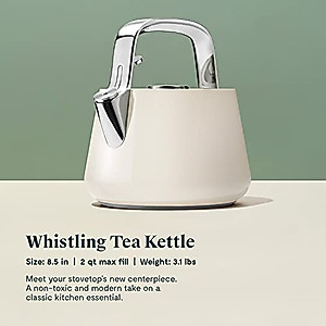 Caraway 2 Quart Whistling Tea Kettle - Durable Stainless Steel Tea Pot - Fast Boiling, Stovetop Agnostic - Non-Toxic, PTFE & PFOA Free - Includes Pot Holder - Cream