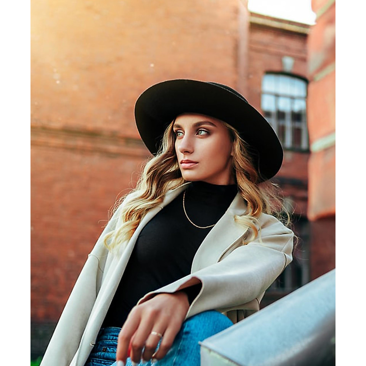 Wide Brim Panama Fedora Hat - Warm Felt Flat Top Pork Pie Cap for Women Men (Size:M/L) (US, Alpha, Medium, Large, Black)