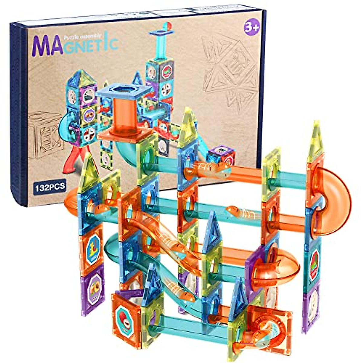 Marble Runs Magnetic Tiles - Toy Magnetic Building Sets 132pcs Magnet Building Blocks Tiles STEM Learning for Girls Boys Kids Toddlers Baby Children Ages 3+ Years Old Birthday Easter Day Gift