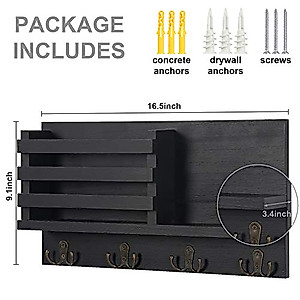 Nekon Mail Holder for Wall – Rustic Mail Organizer with Key Hooks for Hallway Kitchen Farmhouse Decor – Letter Sorter Made of Paulownia Wood with Floating Shelf, (16.5” x 9.1” x 3.4”)