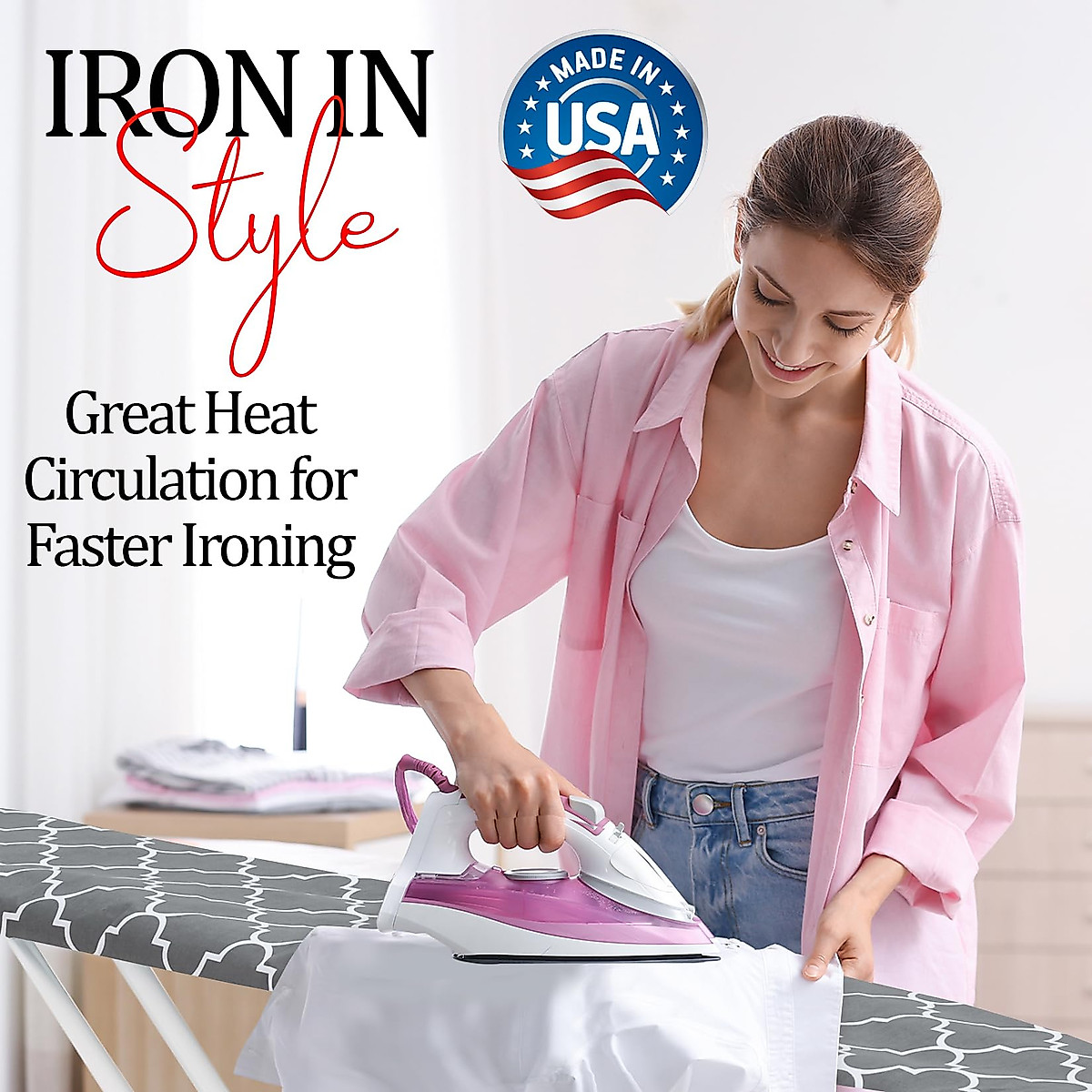 Tidy Zebra Compact Ironing Board Full Size MADE IN THE USA – 4 LEG Extra Durable & Sturdy Ironing Boards with Thick Iron Board Cover – Foldable Ironing Board for Easy Storage Height Adjustable (13x53)