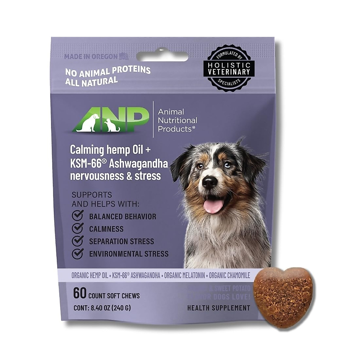 ANP Premium Organic Hemp Oil Calming Chews for Dogs - No Animal Proteins Separation Anxiety & Stress Relief - Clinically Studied KSM-66® Ashwagandha - Promotes Relaxation, Improves Sleep - Made in USA