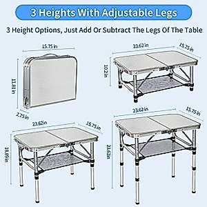 FURFIMU Small Folding Table,3 Adjustable Height Foldable Table,2Ft Portable Camping Table,Outdoor Folding Table with Net Mesh，Folding Beach Table,White Metal Folding Table for Patio BBQ