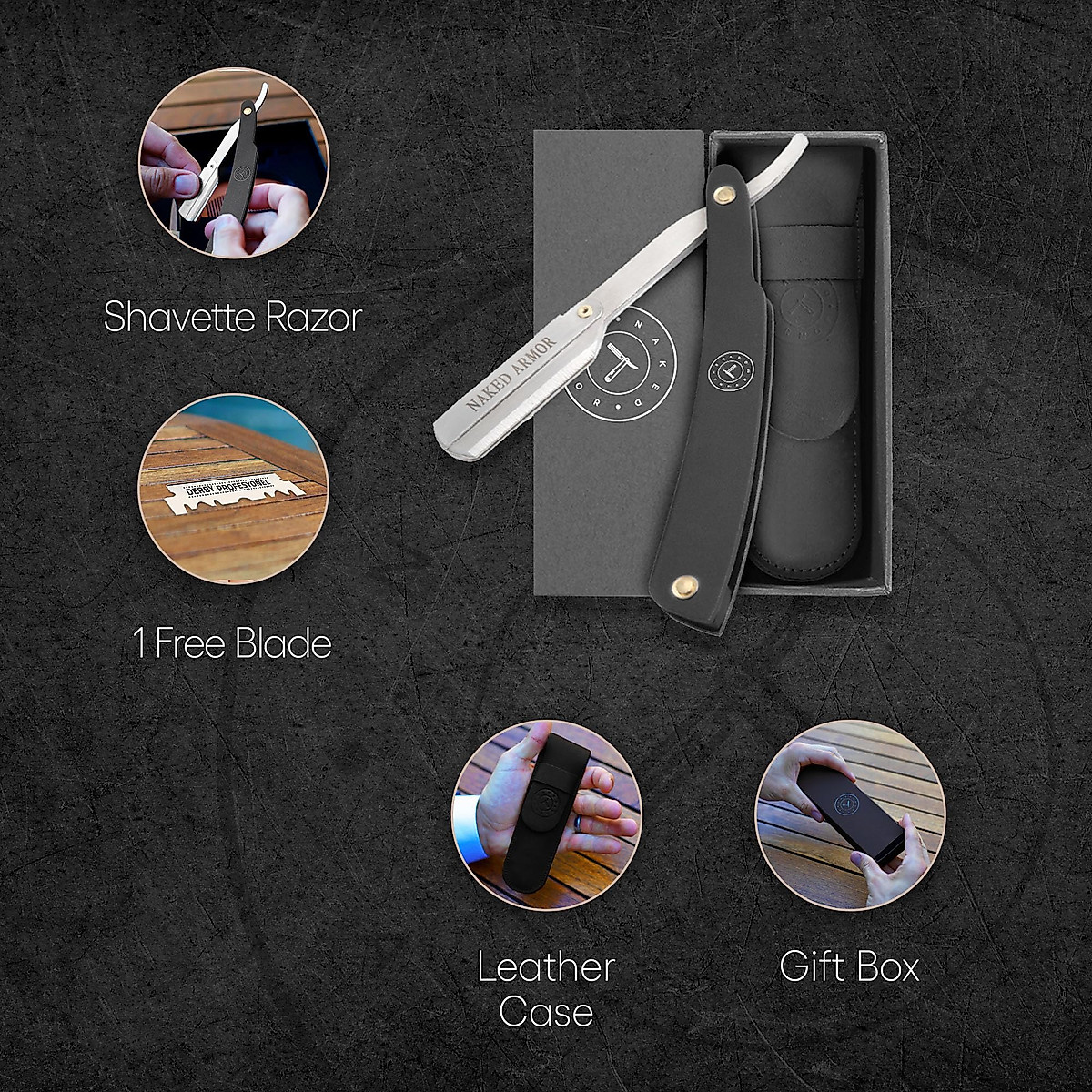 Best Shavette Straight Razor - Replaceable Blade Straight Razor, Metal Handle Shavette, No Stropping & Honing Needed, Great Starter Blade, Hygienic, Close Shave, Leather Case (Black)