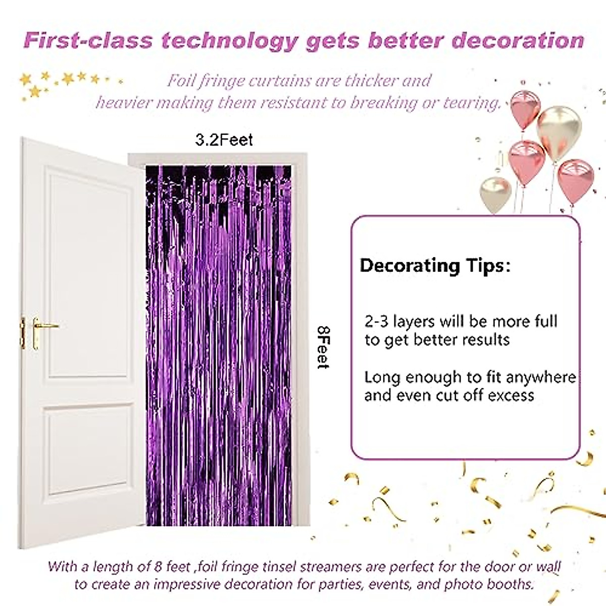 Mtkocpk Purple Party Decorations - 3-Pack of 8x3.2 Feet Purple Foil Fringe Streamers Curtains Perfect for Gender Reveals, Bachelor Parties, Mermaid, and Butterfly Themed Birthday Party Decor