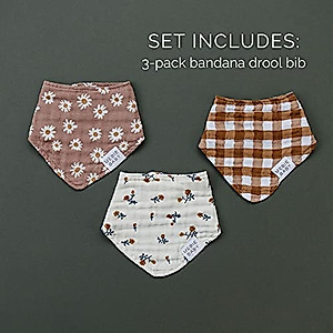 Mebie Baby Muslin Cotton Bib, Modern 3 pack, Lightweight Baby Bib Set for Burp, Spit Up, Drool, Stylish Bandana Bibs Baby Accessories, Use All Day, For Boy or Girl, Great for Gift Registry for Baby