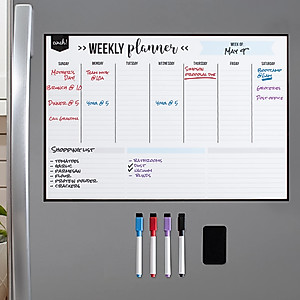 Magnetic Dry Erase Weekly Calendar for Fridge: with Stain Resistant Technology - 17x12" - 4 Fine Tip Markers and Large Eraser with Magnets - Whiteboard Organizer Planner: Refrigerator White Board