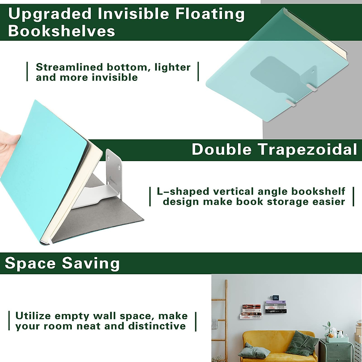 Homakover Floating Bookshelves, Iron Invisible Floating Shelves, Heavy Duty Wall Mounted Book Organizer, Steel Constructed Hidden Bookshelf, Multipurpose Wall Ledge Shelves for Paperback Books