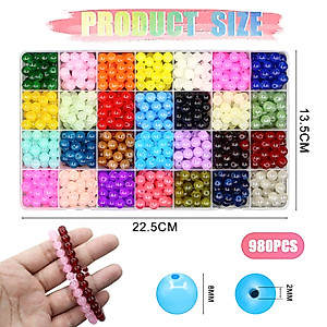 LOTMER 980 PCS 8mm Glass Beads for Jewelry Making - 28 Colors - Round Crystal Gemstone Beads for Jewelry, Necklace, Bracelet, Phone Lanyard Making DIY Craft