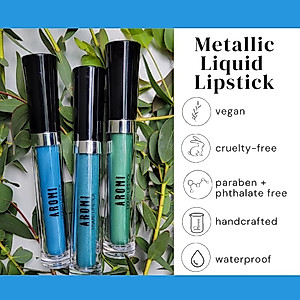 Aromi Bright Blue Metallic Liquid Lipstick | Sparkly Sky Lip Color with Shimmery Finish, Vegan Makeup, Cruelty-free, Long-lasting (Snow Queen)