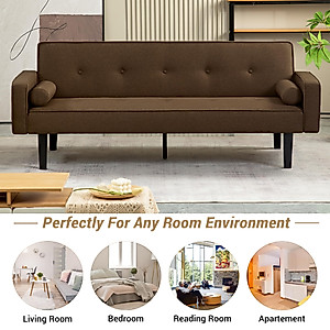Convertible Folding Sofa Bed Futon,Mid-Century Velvet Fabric Love Seat Sofa Furniture,Upholstered Sleeper Couch with 2 Pillows&Wood Legs for Small Space Living Room Apartment Office (Brown-)