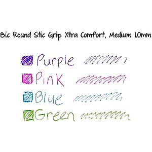BIC Round Stic Grip Xtra Comfort Fashion Ballpoint Pens, Pack of 16 - Pastel Blue, Green, Pink, Purple, 1.0mm