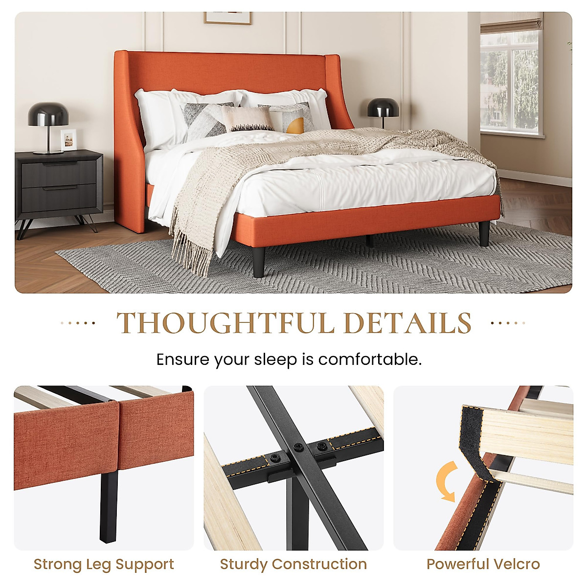 SHA CERLIN Upholstered Bed Frame Queen Size with Streamlined Wingback Headboard, Breathable Linen Fabric, Solid Wooden Slats, Easy Assembly, Orange