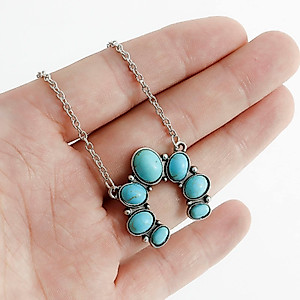 4 Pcs Western Jewelry Set for Women Bohemian Delicate Turquoise Necklace Set Women's Elegant Stainless Steel Vintage Turquoise Jewelry Set Square Boho Pendant Long Choker for Party Womens Accessories