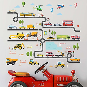 Amimagen Large Construction Vehicles Car Wall Stickers - Trucks Excavator Tractor Wall Decals - Kids Boys Bedroom Playroom Daycare Wall Decor