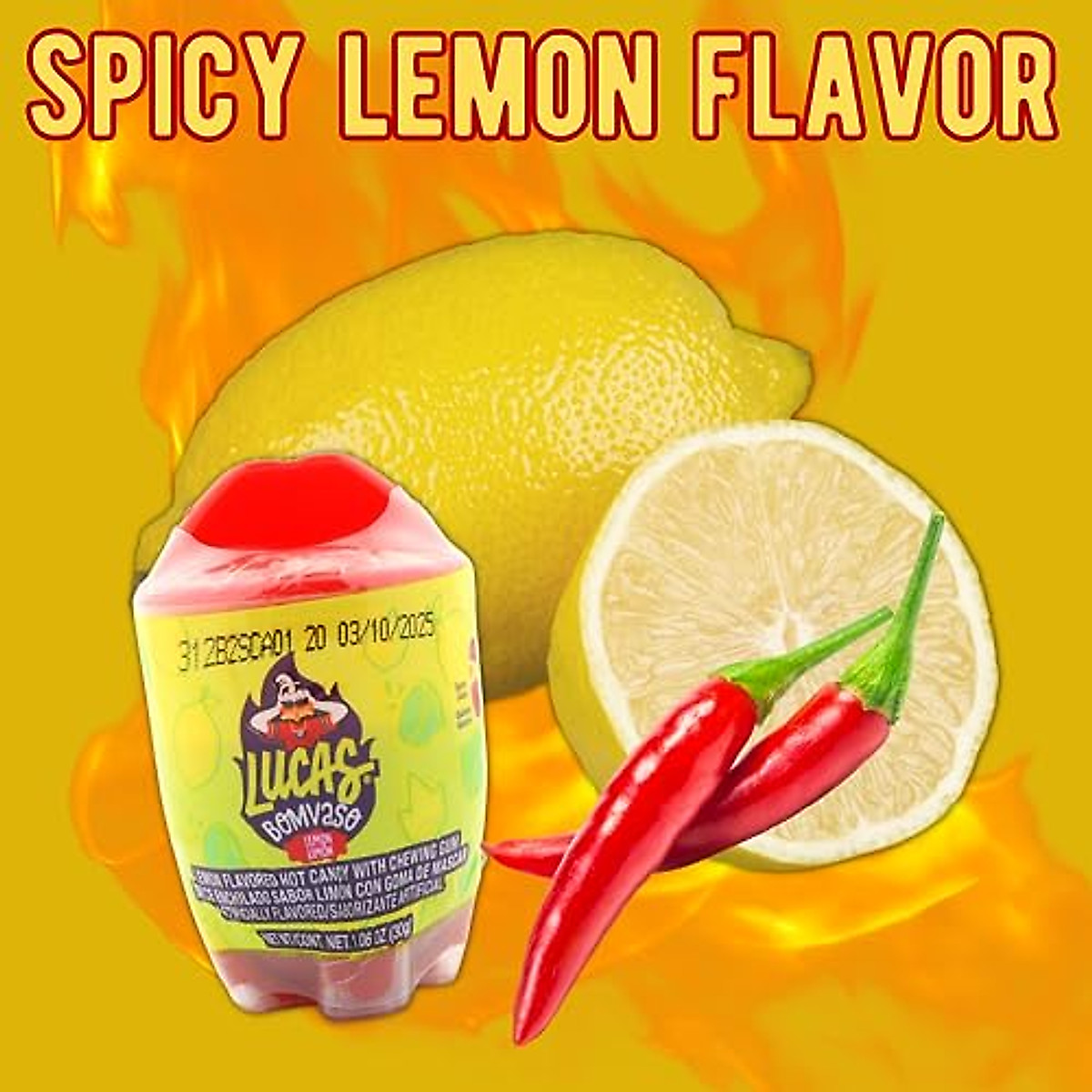 Spicy Mexican Candy, Hot Lemon Flavored Soft Paste with Gumball, Resealable Lid, 1.06 Ounces (Pack of 5) Lollipop Swirl Sticker Included