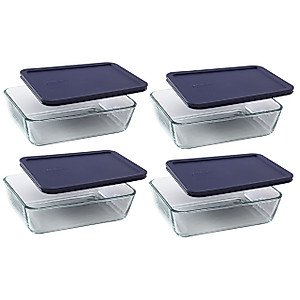 Pyrex 6-cup 7211 Rectangle Glass Food Storage Containers with Blue Plastic Lids - 4 Pack