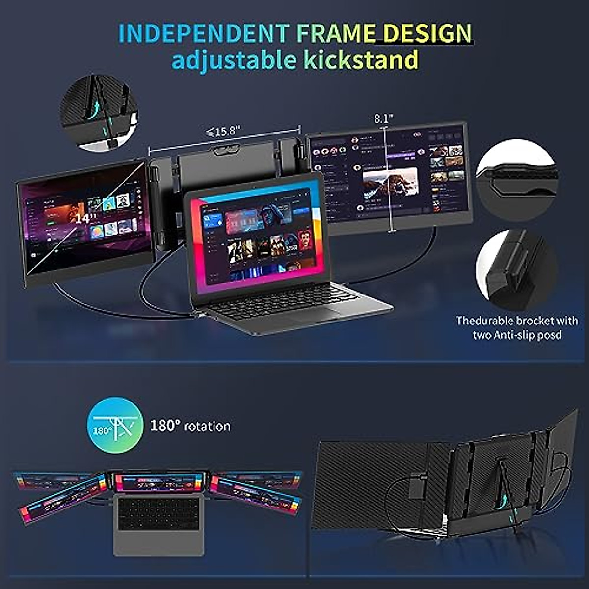 Venraty 14'' Laptop Screen Extender, Portable Monitor Screen Extender for Laptop, Full HD IPS Display&Dual Triple Monitor Extender Compatible with 13”-17” Laptops (Triple 14")