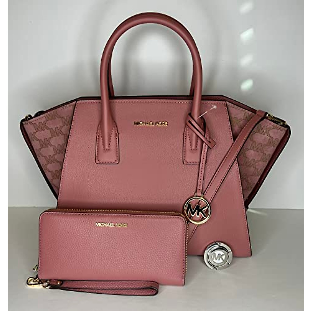 Michael Kors Avril Large Top-Zip Satchel bundled with Large Continental Wristlet Purse Hook (Rose)
