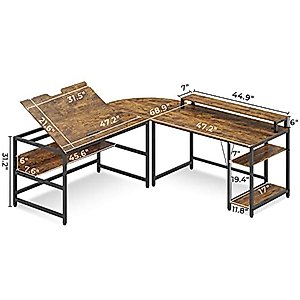 SEDETA L Shaped Desk, 68.9 inches Corner Computer Desk with Monitor Stand Riser, Drafting Drawing Table with Tiltable Desktop, Workstation Study Writing Table Art Desk for Home Office, Rustic Brown