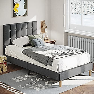 LIKIMIO Twin Bed Frames, Velvet Upholstered Twin Platform Bed Frame with Headboard and Strong Wooden Slats, No Box Spring Needed/Noise-Free/Easy Assembly, Grey