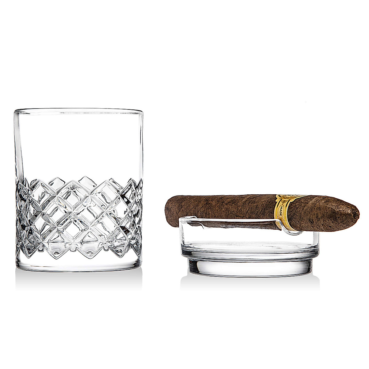 Godinger Cigar Whiskey Glass Set - Old Fashioned Whiskey Glass and Cigar Holder Bar Set