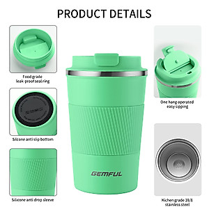 GEMFUL To Go Coffee Mug with Lid 13 oz Insulated Cups Spill Proof Travel Tumbler Leak Proof Vacuum Stainless Steel Reusable for Hot Cold Drinks Women Men (Green)