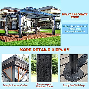 VEIKOU 10' x 13' Gazebo, Hardtop Gazebo w/Aluminum Frame & Polycarbonate Double Roof, Patio Gazebo with Netting and Curtains, Heavy-Duty Pergolas and Gazebos for Backyard, Deck and Lawns