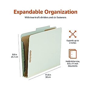 Amazon Basics 10-Pack Letter Size Pressboard Classification File Folders with Fasteners, Dividers, 2” Expansion - Green