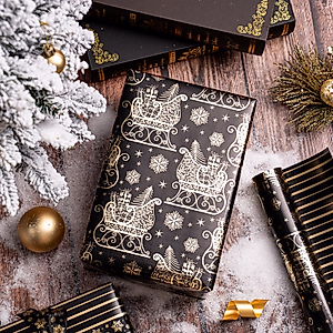 WRAPAHOLIC Reversible Christmas Wrapping Paper - Mini Roll - 17 Inch X 33 Feet - Black and Gold Christmas Sleigh and Stripe with Metallic Foil for Chrsitmas, Holiday, Party Celebration