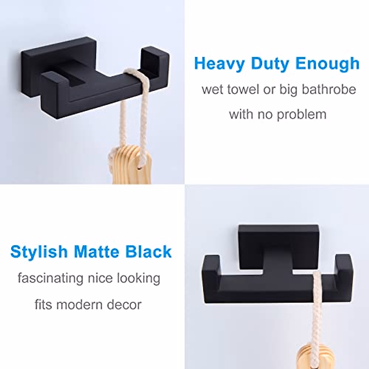 Aomasi Double Coat Hook, Stainless Steel Towel Robe Hook Kitchen Toilet Bathroom Accessories Dual Holder Heavy Duty Wall Mount, Matte Black