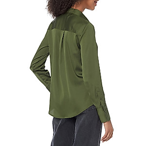 Amazon Essentials Women's Classic-Fit Satin Button Down Blouse (Available in Plus Size), Dark Olive, X-Large