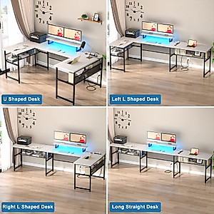 Unikito U Shaped Computer Desk with LED Strip and Power Outlets, Reversible Large Office Desk with Monitor Stand and Storage Shelves, 2 Person L Shaped Gaming Table, 83 Inch U Shape Corner Desk, White