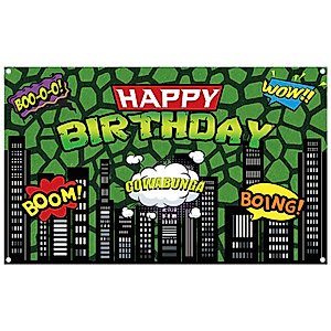 Yriujul 72x43inch Fabric Ninja Superhero Birthday Backdrop Green Comics Cityscape Buildings Photography Background Boy Kids Party Decorations Photo Banner Props