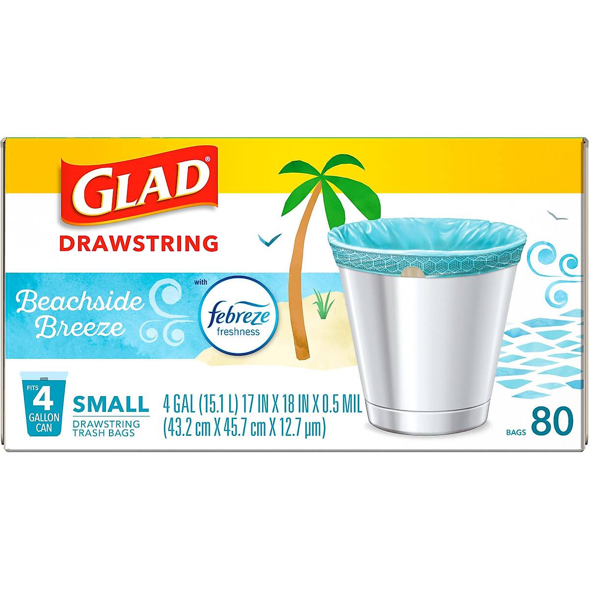 GLAD Small Drawstring Trash Bags, 4 Gallon Green Trash Bags for Small Kitchen or Office Trash Can, Beachside Breeze with Febreze Freshness to Eliminate Odors, 80 Count - Packaging May Vary