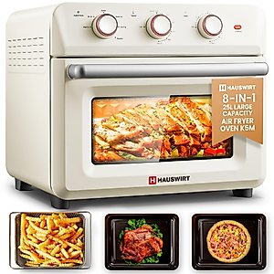 Hauswirt K5M Air Fryer Toaster Oven Combo, Retro XL Large Oven 3-4People, Air Fryer Oven with Rotisserie Kit, 26.5QT 6-slices Toast 12" Pizza, Bake Toast Broil,1600W 190°F-450°F,Non-Stick,Cream White