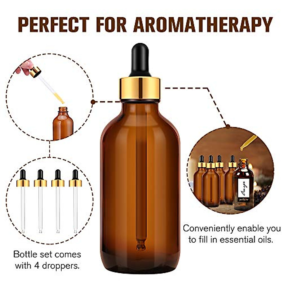 PrettyCare Eye Dropper Bottles 4 oz 4 Pack (Glass Bottles 120ml with Golden Caps, 12 Labels, Funnel & Measured Pipettes) Empty Tincture Bottles for Essential Oils (Amber)