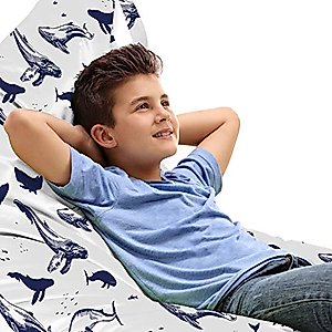 Ambesonne Whale Lounger Chair Bag, Monochrome Marine Exotic Ocean Fishes Whales Swimming Wildlife Sea Illustration, High Capacity Storage with Handle Container, Lounger Size, Indigo and White