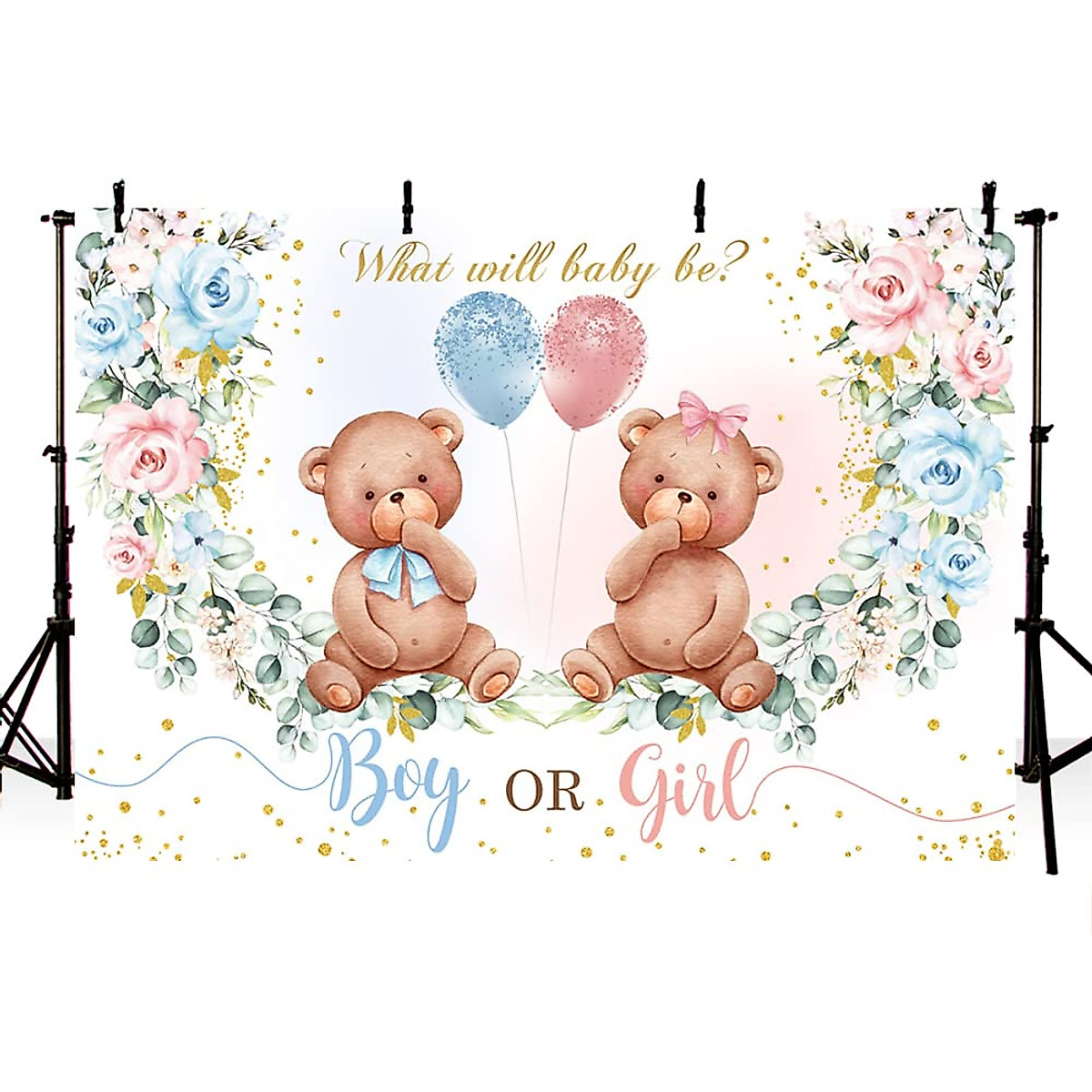 MEHOFOND 8x6ft Bear Gender Reveal Baby Shower Party Backdrop Boy or Girl Blush Pink Blue Floral Photography Background Party Decor Blue and Pink Balloons Gold Confetti Photobooth