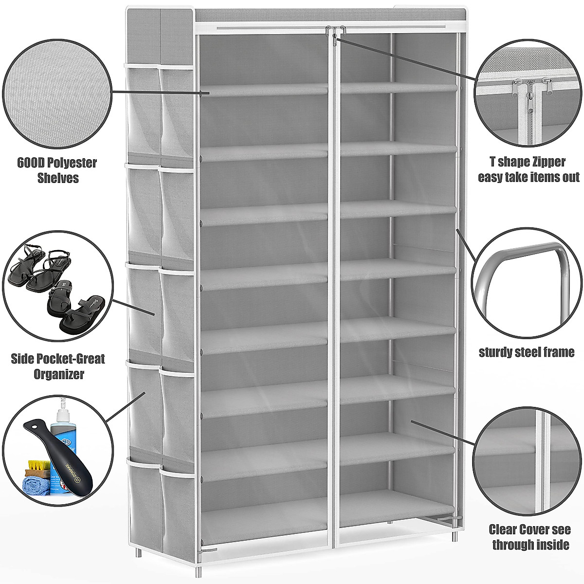 Simple Houseware 8 Tiers Shoe Rack with Zipper Cover | Side Hanging Pockets, Gray