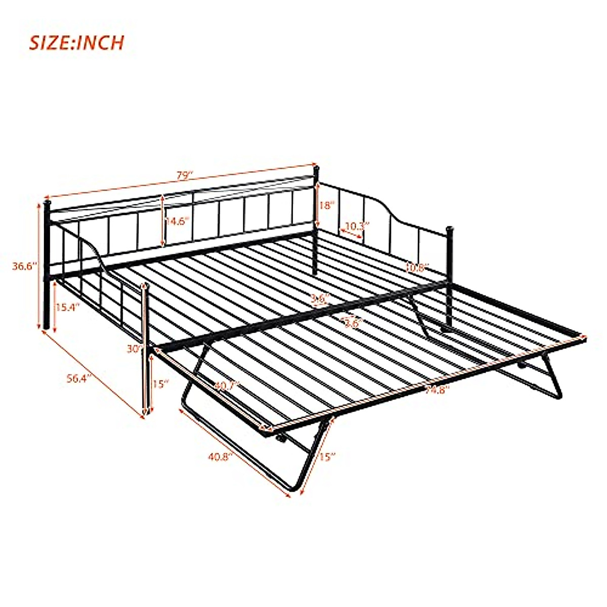ODC Full Size Daybed with Adjustable Twin Pop Up Trundle, Heavy-Duty Steel Metal Extendable Bed for Bedroom Living Room,Black