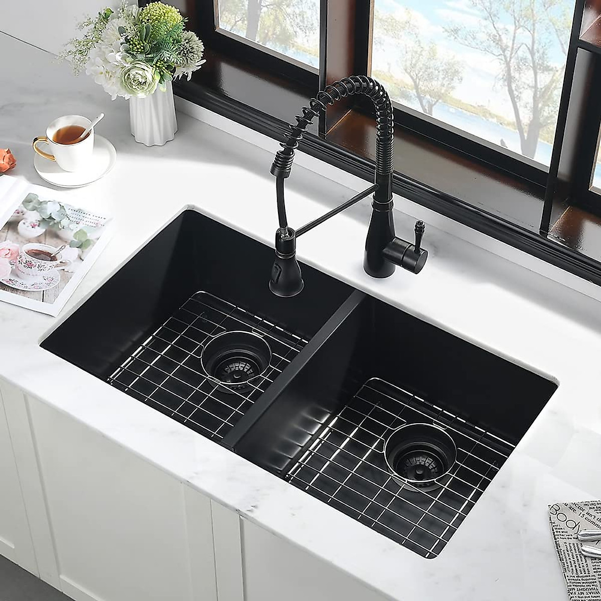 32 Inch Black Kitchen Sink Undermount-iAnomla 32x18 Inch Double Bowl Kitchen Sink 50/50 Black Quartz Composite Undermount Kitchen Sink