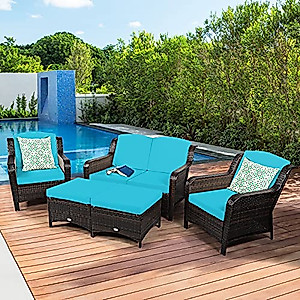 Tangkula 5 Pieces Patio Furniture Set, Outdoor Rattan Conversation Sofa Set with Loveseat, Single Sofas and Ottoman, Sectional Sofa Set with Removable Cushions for Porch, Backyard, Balcony, Lawn