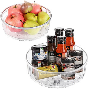 Hedume Set of 2 Lazy Susan Turntable with Handle, Basics Plastic Kitchen Turntable, Multifunctional Spice Racks Organizer, 360 Degree Rotating Food Storage Container for Refrigerator or Countertop